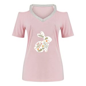 Women Cold Shoulder V-Neck Short Sleeve Loose Fit Summer Shirt Cute Graphic Print Blouse Slim FIt Easter Tops Pink