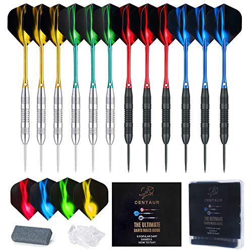 centaur 12 Pack Steel Tip Darts, Professional 22 Grams Metal Dart Set with 4 Colors Premium Aluminum Shafts and PET Flights and Dart Case, Flight Protector Dart Board Kit Accessories, Silver & Black