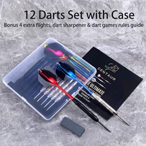 centaur 12 Pack Steel Tip Darts, Professional 22 Grams Metal Dart Set with 4 Colors Premium Aluminum Shafts and PET Flights and Dart Case, Flight Protector Dart Board Kit Accessories, Silver & Black