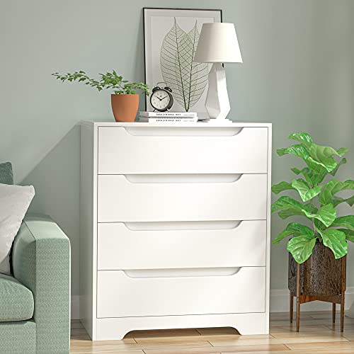 Cozy Castle 4 Drawer Chest, Mid Century Nightstand with Cutout Handle, Accent Drawer Dresser, Wood Storage Cabinet with Drawers for Bedroom Living Room Home Office Entry, White