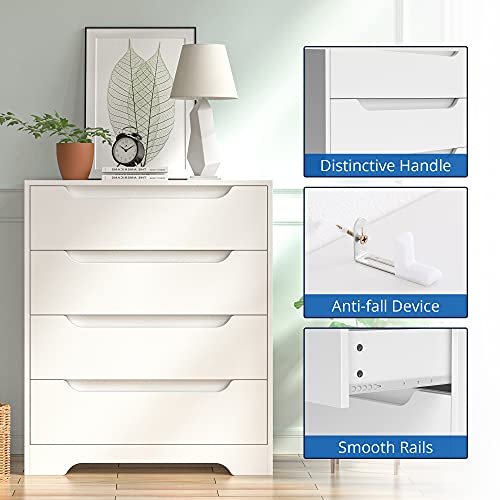 Cozy Castle 4 Drawer Chest, Mid Century Nightstand with Cutout Handle, Accent Drawer Dresser, Wood Storage Cabinet with Drawers for Bedroom Living Room Home Office Entry, White