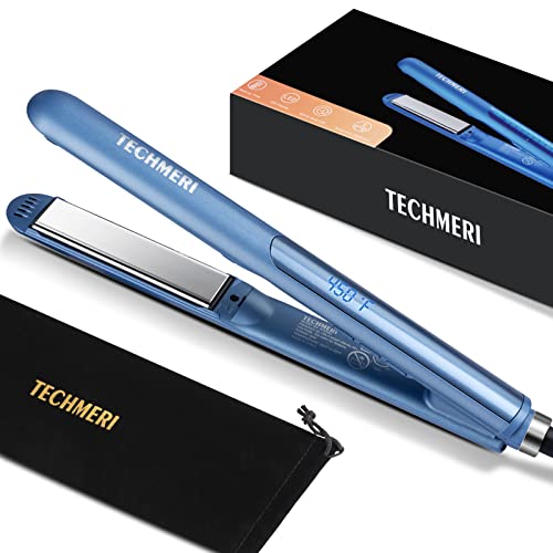 TECHMERI Hair Straightener and Curler 2 in 1, Flat Iron Hair Straightener with 5 Temp, Titanium Flat Iron with Dual Voltage, Blue