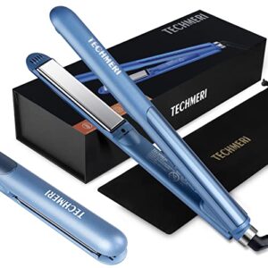 TECHMERI Hair Straightener and Curler 2 in 1, Flat Iron Hair Straightener with 5 Temp, Titanium Flat Iron with Dual Voltage, Blue