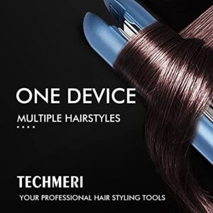 TECHMERI Hair Straightener and Curler 2 in 1, Flat Iron Hair Straightener with 5 Temp, Titanium Flat Iron with Dual Voltage, Blue