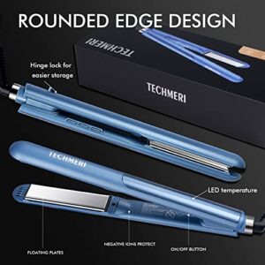 TECHMERI Hair Straightener and Curler 2 in 1, Flat Iron Hair Straightener with 5 Temp, Titanium Flat Iron with Dual Voltage, Blue