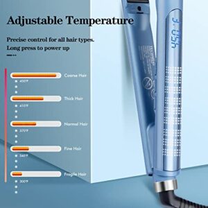 TECHMERI Hair Straightener and Curler 2 in 1, Flat Iron Hair Straightener with 5 Temp, Titanium Flat Iron with Dual Voltage, Blue