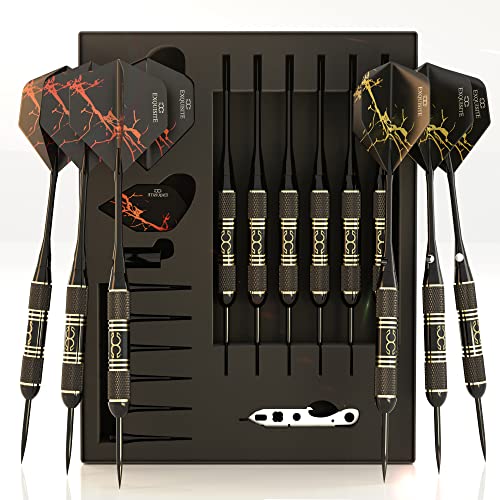 CC-Exquisite Professional Steel Tip Darts Set - 6 x 22g Brass Barrels with 12 Flights Standard/Slim, 12 Aluminum Shafts 35/48mm, 12 O-Rings, Dart Tool, Dart Sharpener and Case (Black & Gold)