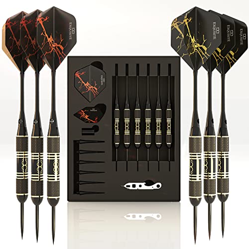 CC-Exquisite Professional Steel Tip Darts Set - 6 x 22g Brass Barrels with 12 Flights Standard/Slim, 12 Aluminum Shafts 35/48mm, 12 O-Rings, Dart Tool, Dart Sharpener and Case (Black & Gold)