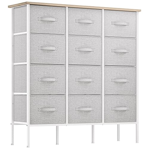 YITAHOME Tall Dresser with 12 Drawers - Fabric Storage Tower, Organizer Unit for Bedroom, Living Room, Hallway, Closets & Nursery - Sturdy Steel Frame, Wooden Top & Easy Pull Fabric Bins (Light Gray)