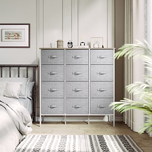 YITAHOME Tall Dresser with 12 Drawers - Fabric Storage Tower, Organizer Unit for Bedroom, Living Room, Hallway, Closets & Nursery - Sturdy Steel Frame, Wooden Top & Easy Pull Fabric Bins (Light Gray)