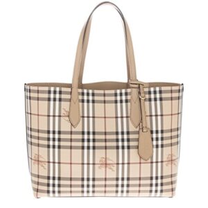 burberry women’s medium reversible handbag in haymarket check camel