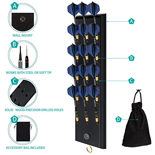 FDLS Wall Mounted Darts Holder Displaying 15pcs Steel Tip or Soft Tip Darts | Dart Caddy for Wall with Metal Hook, Come with Darts Throw Line Marker, Accessory Bag, and Darts Sharpener