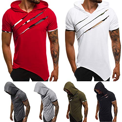 Men's Hooded Shirts Casual Patchwork Slim Summer Short Sleeve Irregular Hem T Shirt Tops Blouse (L, White)