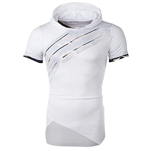 Men's Hooded Shirts Casual Patchwork Slim Summer Short Sleeve Irregular Hem T Shirt Tops Blouse (L, White)