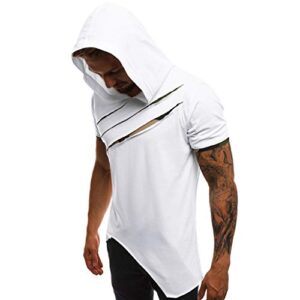 Men's Hooded Shirts Casual Patchwork Slim Summer Short Sleeve Irregular Hem T Shirt Tops Blouse (L, White)