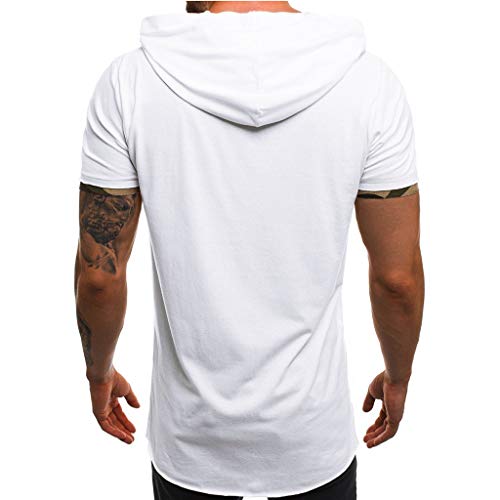 Men's Hooded Shirts Casual Patchwork Slim Summer Short Sleeve Irregular Hem T Shirt Tops Blouse (L, White)