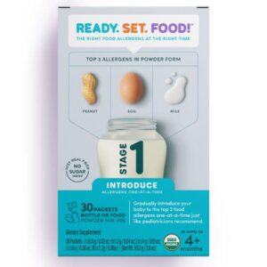 ready set food | early allergen introduction mix-ins for babies 4+ mo | stage 1 – 30 days | top 3 allergens – organic peanut egg milk | safe easy effective | for bottle or food | readysetfood