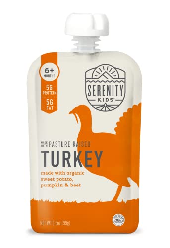 Serenity Kids 6+ Months Baby Food Pouches Puree Made With Ethically Sourced Meats & Organic Veggies | 3.5 Ounce BPA-Free Pouch | Pasture Raised Turkey, Sweet Potato, Pumpkin, Beet | 6 Count