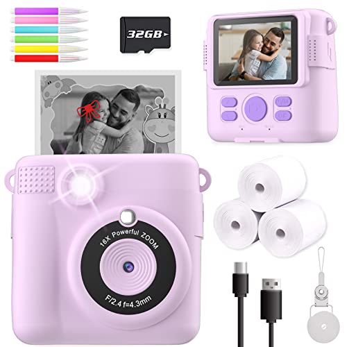 ESOXOFFORE Instant Print Camera for Kids, Christmas Birthday Gifts for Girls Boys Age 3-12, HD Digital Video Cameras for Toddler, Portable Toy for 4 5 6 7 8 9 10 Year Old Girl with 32GB SD Card-Purple