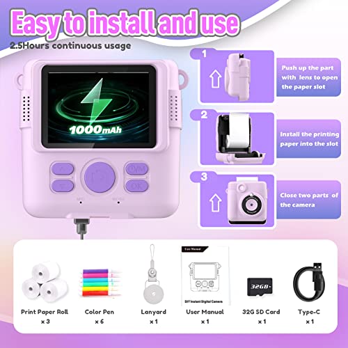 ESOXOFFORE Instant Print Camera for Kids, Christmas Birthday Gifts for Girls Boys Age 3-12, HD Digital Video Cameras for Toddler, Portable Toy for 4 5 6 7 8 9 10 Year Old Girl with 32GB SD Card-Purple