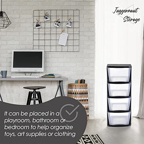 Juggernaut Storage 4 Drawer Storage Tower, Black Frame with Clear Drawers, RDT4