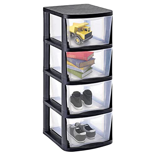 Juggernaut Storage 4 Drawer Storage Tower, Black Frame with Clear Drawers, RDT4