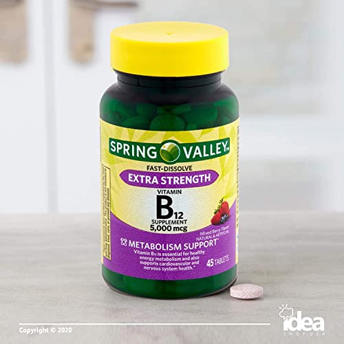 Vitamin B12 Fast Dissolve Tablets by Spring Valley, 5000 mcg + “Vitamins & Minerals - A to Z - Better Idea Guide©” | Metabolism Support and Natural Mixed Berries Flavor (1 Pack 45ct)