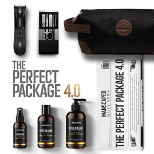 manscaped® perfect package 4.0 kit contains: the lawn mower™ 4.0 electric trimmer, ball deodorant, body wash, performance spray-on-body toner, four piece luxury nail kit, toiletry bag, 3 shaving mats