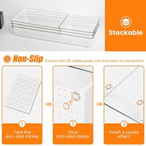 6 Pack Clear Plastic Drawer Organizer Set, Acrylic Non Slip Non Cracking Kitchen Drawer Storage Tray Large Size Divider, Multifunctional Storage for Cosmetics, Bathroom, Tools, Kitchen and Office