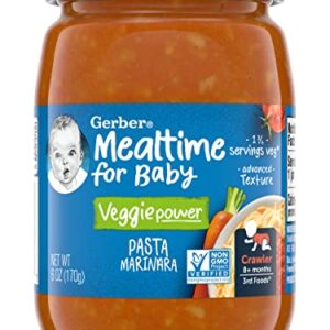 Gerber Mealtime for Baby 3rd Foods Veggie Power Baby Food Jar, Pasta Marinara, Non-GMO Pureed Baby Food for Crawlers, 6-Ounce Glass Jar (Pack of 12 Jars)