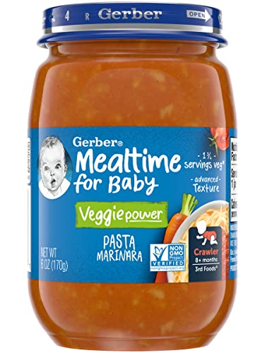 Gerber Mealtime for Baby 3rd Foods Veggie Power Baby Food Jar, Pasta Marinara, Non-GMO Pureed Baby Food for Crawlers, 6-Ounce Glass Jar (Pack of 12 Jars)