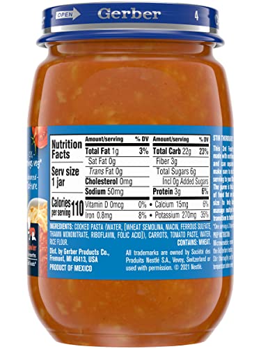 Gerber Mealtime for Baby 3rd Foods Veggie Power Baby Food Jar, Pasta Marinara, Non-GMO Pureed Baby Food for Crawlers, 6-Ounce Glass Jar (Pack of 12 Jars)