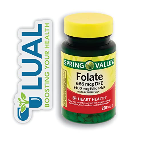 Spring Valley Folate 666 mcg DFE (400 mg Folic Acid) Essential B Vitamin for Heart Health, Energy Metabolism, and Prenatal Support - 250 Count Plus a Luall Fridge Magnetic