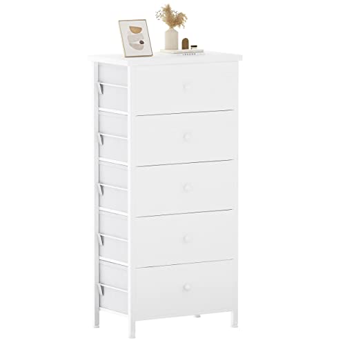 BOLUO Tall White Dresser for Bedroom - 5 Drawer Dressers & Chests of Drawers Fabric Dresser Storage Tower for Closet Kids and Adult Modern