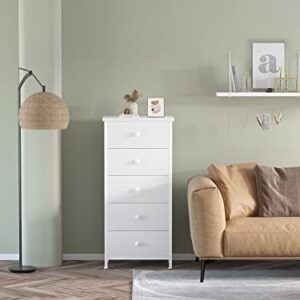 BOLUO Tall White Dresser for Bedroom - 5 Drawer Dressers & Chests of Drawers Fabric Dresser Storage Tower for Closet Kids and Adult Modern