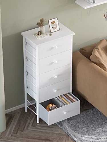 BOLUO Tall White Dresser for Bedroom - 5 Drawer Dressers & Chests of Drawers Fabric Dresser Storage Tower for Closet Kids and Adult Modern