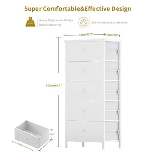 BOLUO Tall White Dresser for Bedroom - 5 Drawer Dressers & Chests of Drawers Fabric Dresser Storage Tower for Closet Kids and Adult Modern