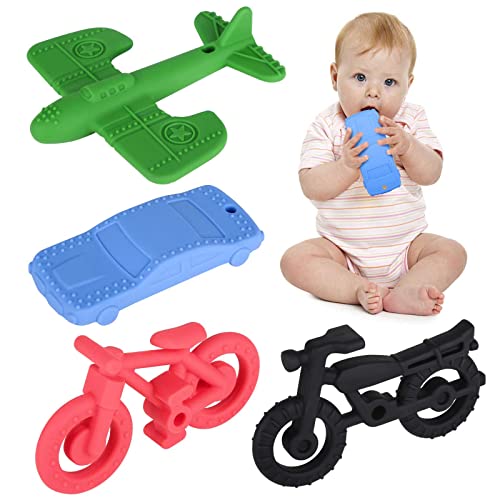 Fu Store 4-Pack Silicone Teething Toys for Infant Toddlers 3D Jet Plane Bike Car Shape Teethers for Babies Boys Girls Chew Toys Relief Soothe Babies Gums Set BPA Free Dishwasher Refrigerator Safe