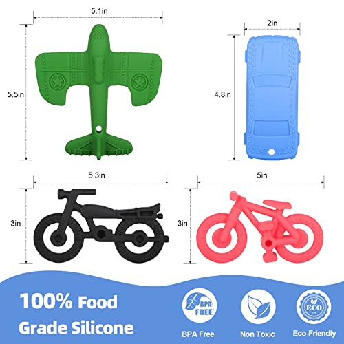 Fu Store 4-Pack Silicone Teething Toys for Infant Toddlers 3D Jet Plane Bike Car Shape Teethers for Babies Boys Girls Chew Toys Relief Soothe Babies Gums Set BPA Free Dishwasher Refrigerator Safe