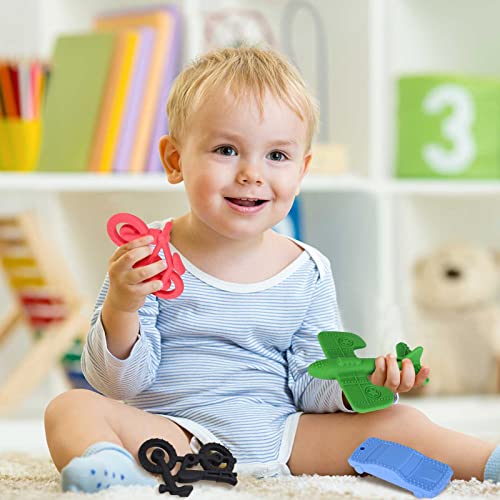 Fu Store 4-Pack Silicone Teething Toys for Infant Toddlers 3D Jet Plane Bike Car Shape Teethers for Babies Boys Girls Chew Toys Relief Soothe Babies Gums Set BPA Free Dishwasher Refrigerator Safe