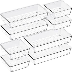 criusia 8 pack large clear plastic drawer organizer set, bathroom organizer vanity trays dividers, non slip storage bins for makeup, jewelry, snacks, office, desk, fridge, bedroom, kitchen