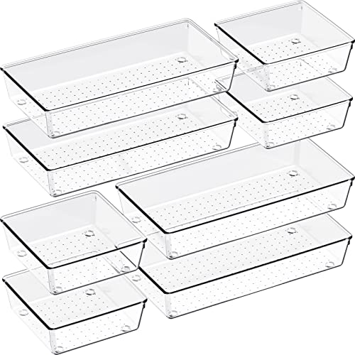 Criusia 8 Pack Large Clear Plastic Drawer Organizer Set, Bathroom Organizer Vanity Trays Dividers, Non Slip Storage Bins for Makeup, Jewelry, Snacks, Office, Desk, Fridge, Bedroom, Kitchen