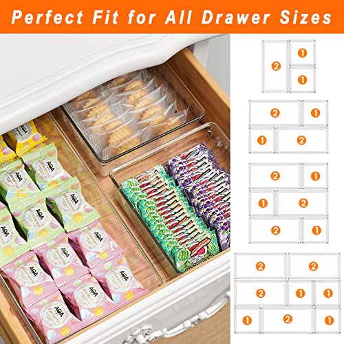 Criusia 8 Pack Large Clear Plastic Drawer Organizer Set, Bathroom Organizer Vanity Trays Dividers, Non Slip Storage Bins for Makeup, Jewelry, Snacks, Office, Desk, Fridge, Bedroom, Kitchen