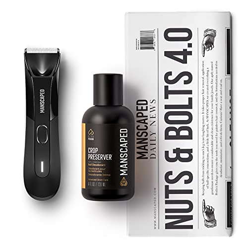 MANSCAPED® Nuts and Bolts 4.0, Men's Body Grooming Kit, Includes The Lawn Mower™ 4.0 Ergonomically Designed Powerful Waterproof Trimmer, The Crop Preserver™ Ball Deodorant and Disposable Shaving Mats