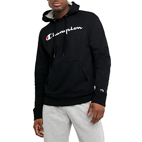 Champion Powerblend Fleece Hoodie, Hooded Sweatshirt for Men, (Reg. or Big & Tall), Black Script, Small