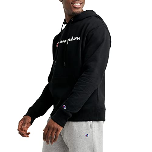 Champion Powerblend Fleece Hoodie, Hooded Sweatshirt for Men, (Reg. or Big & Tall), Black Script, Small