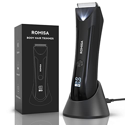 ROMISA Electric Groin Body Hair Trimmer Ball Trimmer for Men USB Recharge Dock Cordless Use Fully Waterproof Replaceable Ceramic Blade Pubic Hair Trimmer Body Groomer Kit for Men