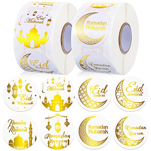 1000 Pcs Ramadan Stickers 1.5 Inch Eid Mubarak Stickers Ramadan Kareem Stickers Ramadan Mubarak Stickers Islamic Muslim Gift Labels Ramadan Kareem Labels for Eid Party Decorations Supplies, 8 Styles