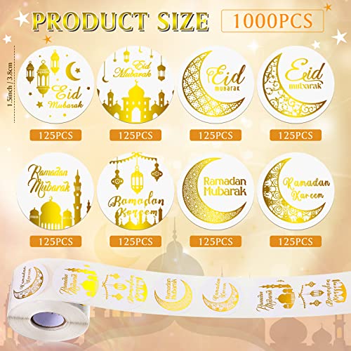 1000 Pcs Ramadan Stickers 1.5 Inch Eid Mubarak Stickers Ramadan Kareem Stickers Ramadan Mubarak Stickers Islamic Muslim Gift Labels Ramadan Kareem Labels for Eid Party Decorations Supplies, 8 Styles