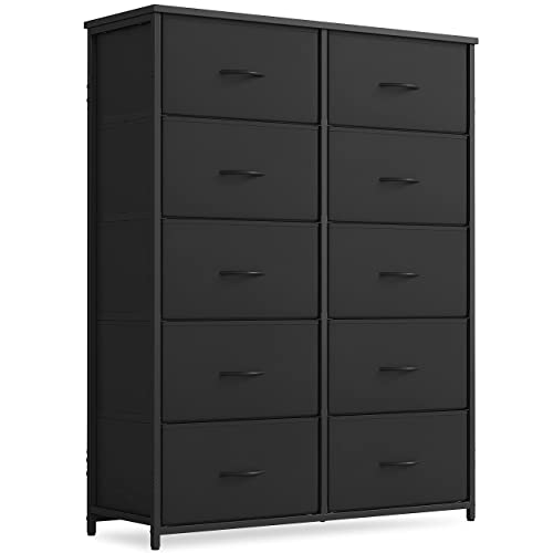 CubiCubi Dresser for Bedroom, 10 Drawer Storage Organizer Tall Wide Dresser for Bedroom Hallway, Sturdy Steel Frame Wood Top, Dark Black